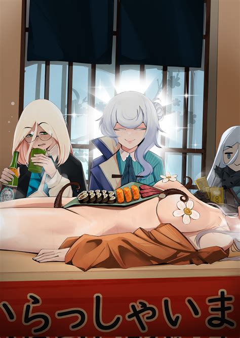 Pupi Rain Prophet Original Highres 4girls Alcohol Bamboo Cup Banknote Convenient