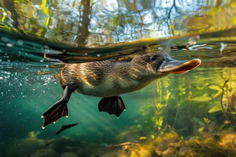 Playful Platypus Swimming Underwater In Sunlight Ai Premium Ai