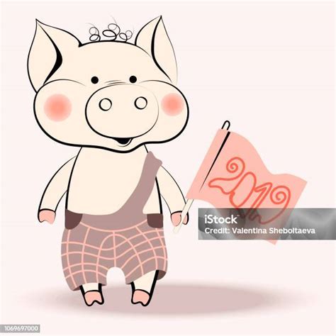 Vector Chinese New Year Simbol Babi Kartun Kecil Pergi Dengan Bendera