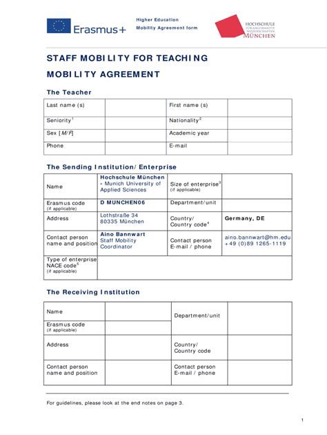 Fillable Online W3 Mediapool Hm Staff Mobility For Teaching Mobility Agreement Hochschule