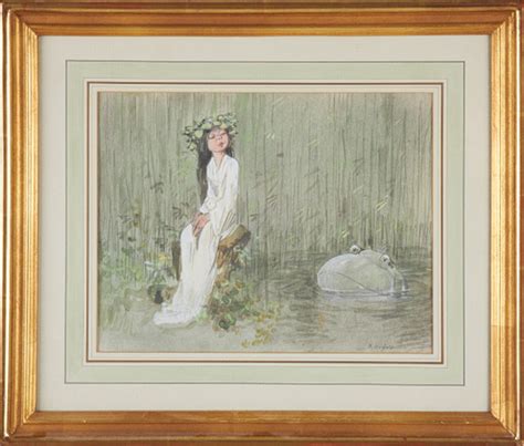 Robert HÖgfeldt Flicka Med Padda Blandteknik På Papper Signerad