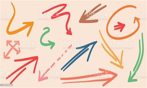 방향 포인터 모양과 개체로 다채로운 다양한 낙서 화살표 손으로 그린 벡터 일러스트 레이 션 개체 그룹에 대한 스톡 벡터 아트 및 기타 이미지 Istock
