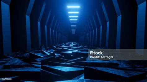 파란색 램프로 조명 된 콘크리트 유적이있는 사이버 풍경은 3d 렌더링 아트 현대적인 디자인입니다 네온에 대한 스톡 사진 및 기타 이미지 Istock