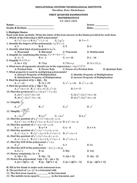 First Quarter Exam Grade 8 Math Pdf Elementary Mathematics