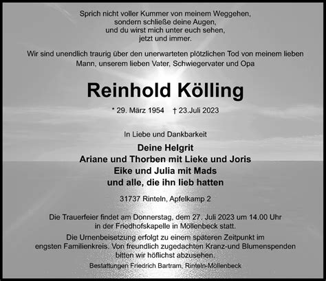 Traueranzeigen Von Reinhold Kölling Trauer Anzeigende