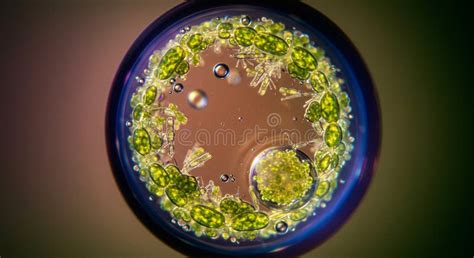 Circular Microscopic View Of Algae And Microorganisms Bright Green Algae Cells Stock