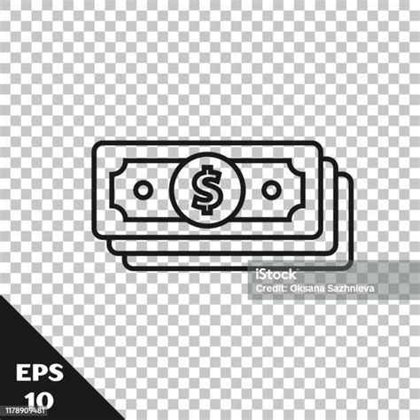 검은 선은 투명 한 배경에 격리 된 종이 돈 현금 아이콘을 스택 돈 지폐 스택 청구 통화 벡터 일러스트레이션 구매에 대한 스톡
