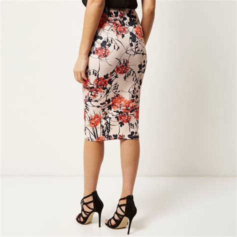Lyst River Island Pink Floral Print Pencil Skirt In Pink