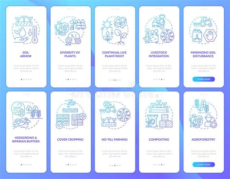 Regenerative Agriculture Blue Gradient Onboarding Mobile App Screens Set Stock Vector
