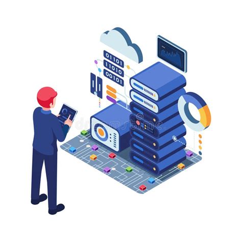 Isometric Engineer Monitoring Big Data Center Stock Vector Illustration Of Rack Learning