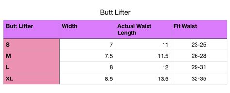 Butt Size Chart A Visual Reference Of Charts Chart Master