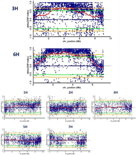 Δsnp index plots for each chromosome generated by qtl seq analysis for