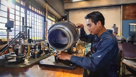 Focused Craftsman Assembling Industrial Component A Detailed Workshop