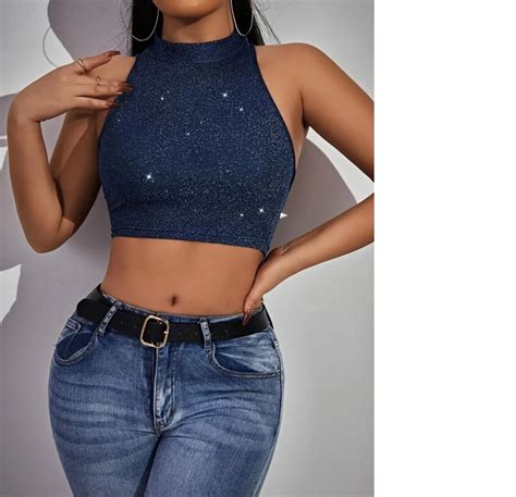 Le Merg Topo de cabresto de cropped pescoço glitter