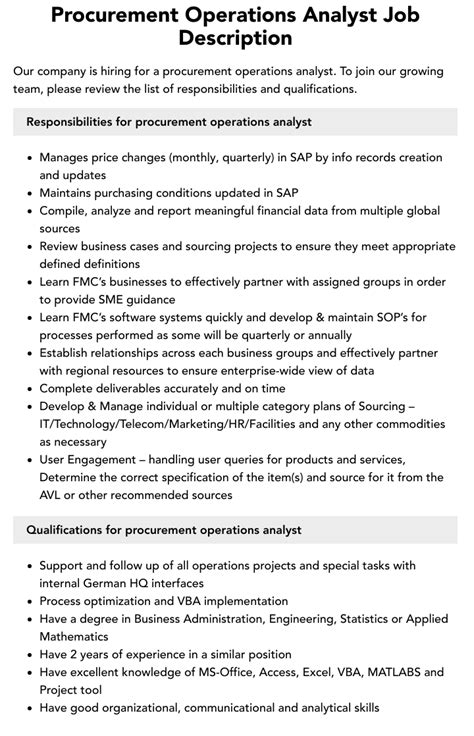 Procurement Operations Analyst Job Description Velvet Jobs