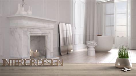 나무 테이블이 나 선반 화분된 잔디 공장 집 열쇠와 3d 글자 단어 인테리어 디자인을 만드는 미니 멀 욕실 프로젝트 개념 복사