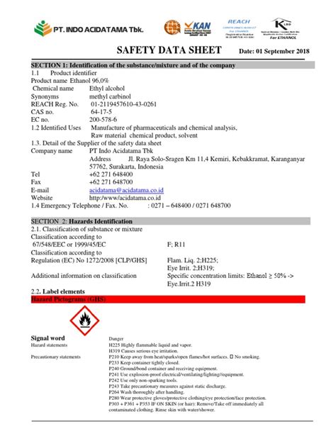 Msds Ethanol Indo Acidatama Pdf Firefighting Carbon Dioxide