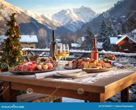 Wooden Table With Two Bottles Of Wine Glasses Food Dishes Against