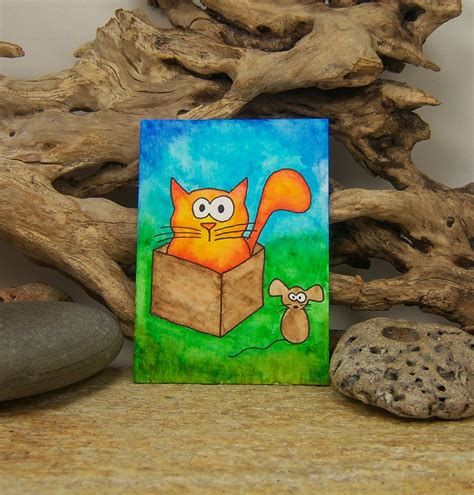 ACEO Card Cat In Box With Mouse Original Watercolor Etsy