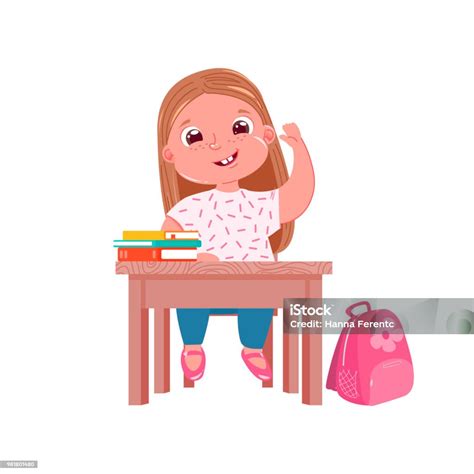 수업에 책상에 약간 귀여운 여자 문자입니다 여 학생이 중학교 학교에 연구 가방에 대한 스톡 벡터 아트 및 기타 이미지 가방