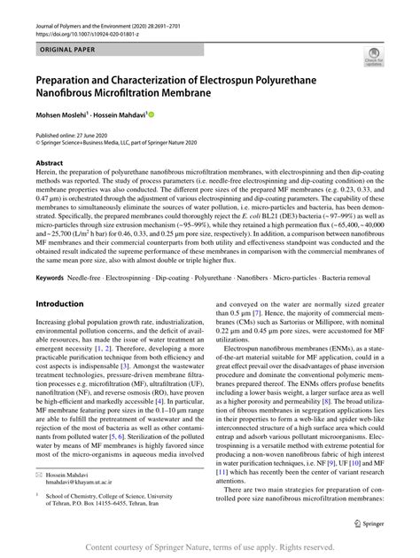 Preparation And Characterization Of Electrospun Polyurethane Nanofibrous Microfiltration