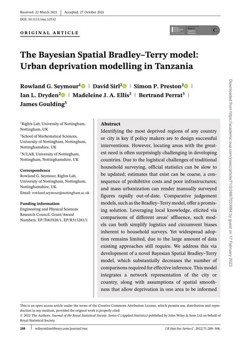 Pdf The Bayesian Spatial Bradleyterry Model Urban Deprivation Modelling In Tanzania