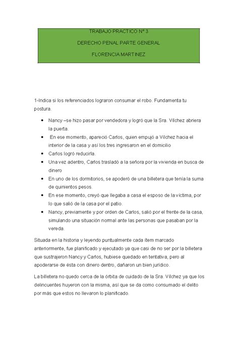 Trabajo Practico N3 Penal TRABAJO PRACTICO N 3 DERECHO PENAL PARTE