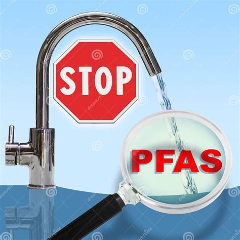 Stop To Pfas Contamination Of Drinking Water Concept With Magnifying Glass And Faucet