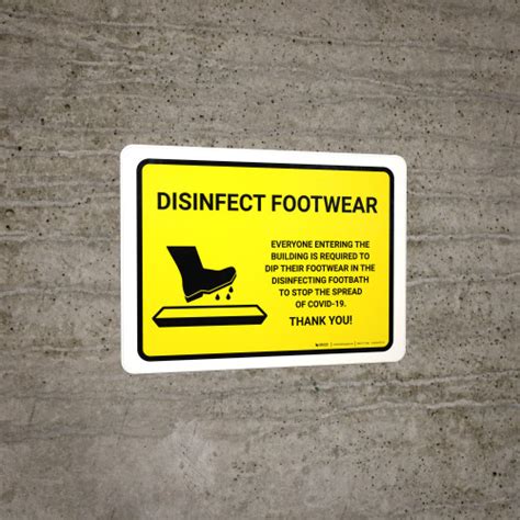 Disinfect Footwear With Icon Yellow Landscape Wall Sign