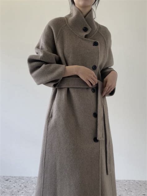 우딘 터틀넥 핸드메이드 롱 코트 겨울 여성 하이넥 허리끈 루즈핏