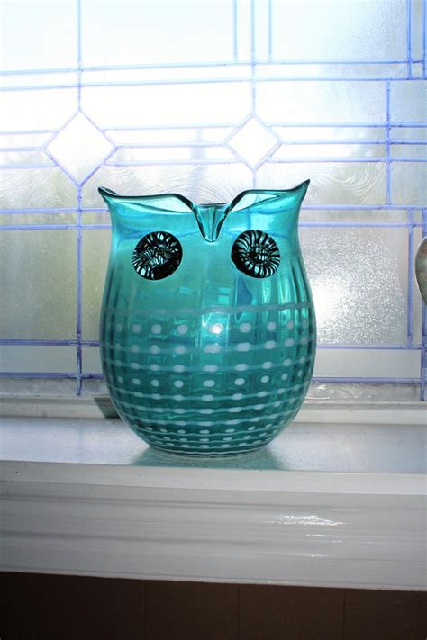 Large Mid Century Style Art Blue Glass Owl Vase Hand Blown Etsy