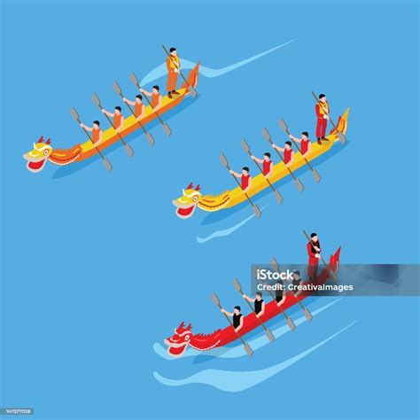 드래곤 보트 축제 물 3d 아이소메트릭에 긴 선박에 있는 사람들 3차원 형태에 대한 스톡 벡터 아트 및 기타 이미지 3차원