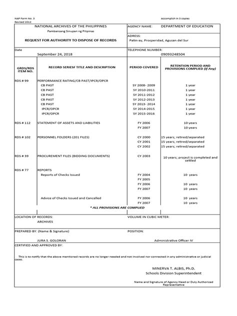 Nap Form 3 Request For Disposal Pdf Business