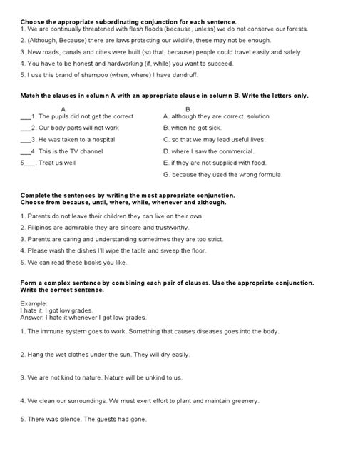 Quiz Grade 6 Subordinating Conjunctions Pdf Sentence Linguistics Linguistics