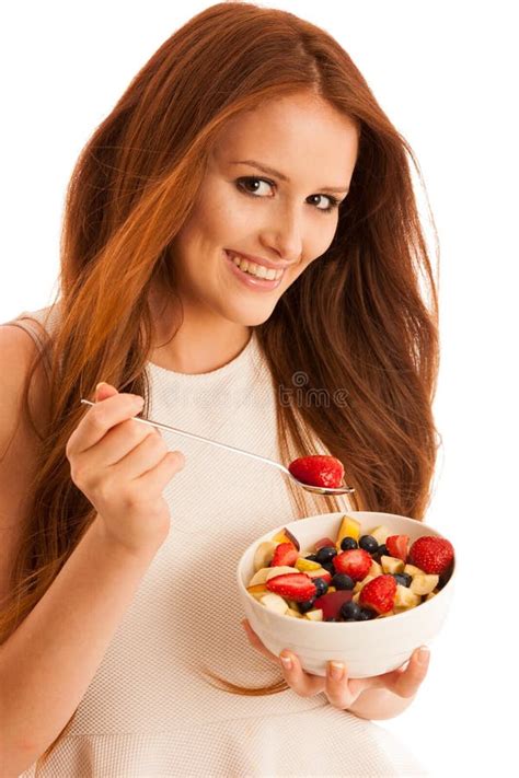 Healthy Eating Woman Eats A Bowl Of Fruit Salad Isolated Over Stock