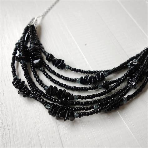 Beaded Bib Necklace Black Seed Beads Stones Multi Stranded Etsy