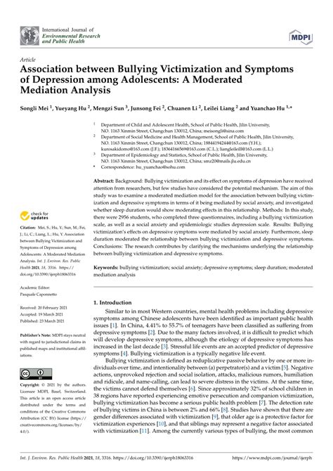 Pdf Association Between Bullying Victimization And Symptoms Of Depression Among Adolescents A