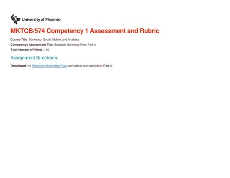Mktcb 574 V1P3 Comp 1 Rubric MKTCB 574 Competency 1 Assessment And