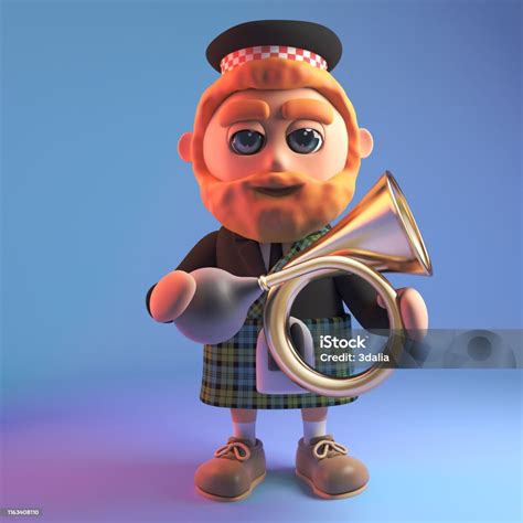 스코틀랜드 남자 에 3d 착용 A 타탄 킬트 과 스포란 들고 있는 오래 된 빈티지 자동차 뿔 3d 그림 3차원 형태에 대한 스톡 사진 및 기타 이미지 Istock