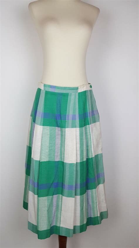 Vintage Womens Size 14 Tartan Skirt Green Cream Purp Gem