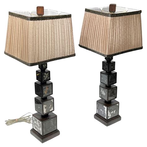 Pair Mid Century Modern Mirrored Glass And Wooden Table Lamps For Sale