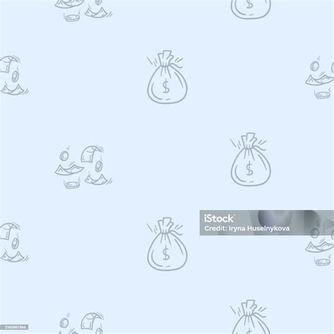 돈 부 사업 및 금융의 속성을 가진 가볍고 매끄러운 패턴 부의 가방과 비행 돈 지폐 및 동전의 반복 아이콘을 가진 간단한 벡터