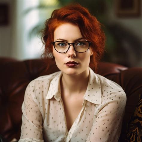 Premium Ai Image A Woman Wearing Glasses Sits In A Brown Leather Chair