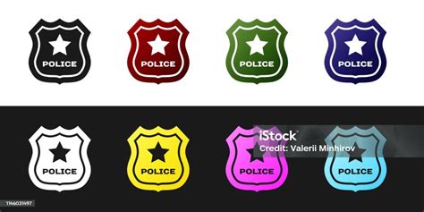 검은 색과 흰색 배경에 고립 된 경찰 배지 아이콘을 설정 합니다 보안관 배지 기호입니다 벡터 일러스트 감시에 대한 스톡 벡터 아트 및 기타 이미지 Istock
