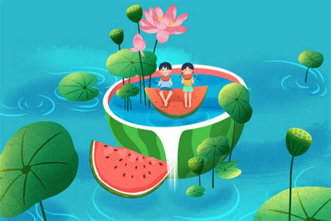 夏日荷塘小男孩钓鱼立夏插画图片素材下载psd格式熊猫办公