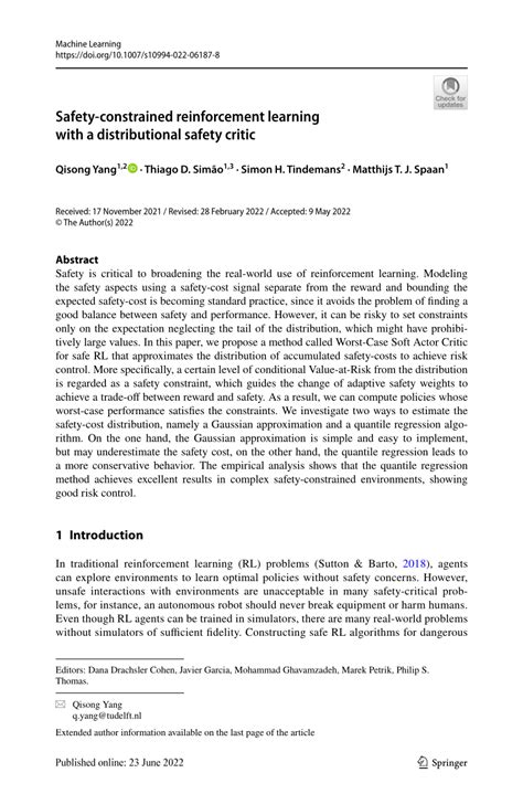 Pdf Safety Constrained Reinforcement Learning With A Distributional