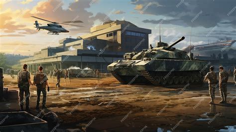 Premium Photo A Militray Base With Tanks And Army Helicopter Standing