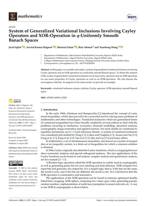 Pdf System Of Generalized Variational Inclusions Involving Cayley Operators And Xor Operation