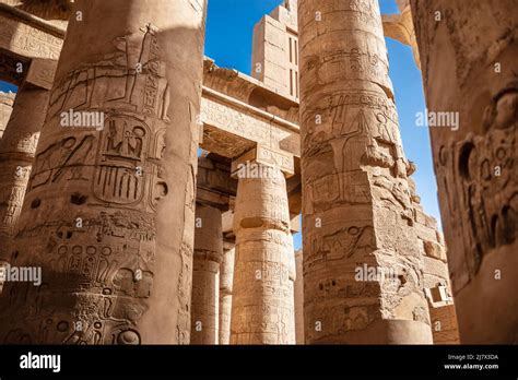 Different Columns With Hieroglyphs In Karnak Temple Karnak Temple Is