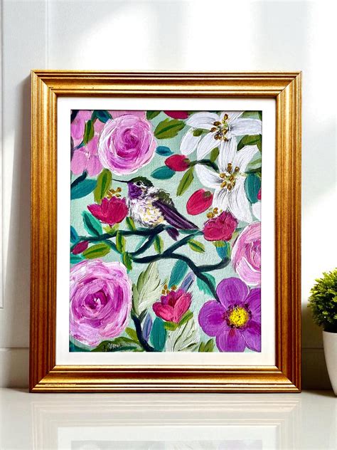 Hummingbird Giclée Art Print “violetta In Bloom” Framed Botanical Bird